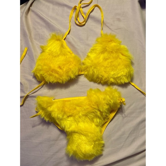 Swim | New Womens Bright Yellow Faux Fur String Bikini Os ...